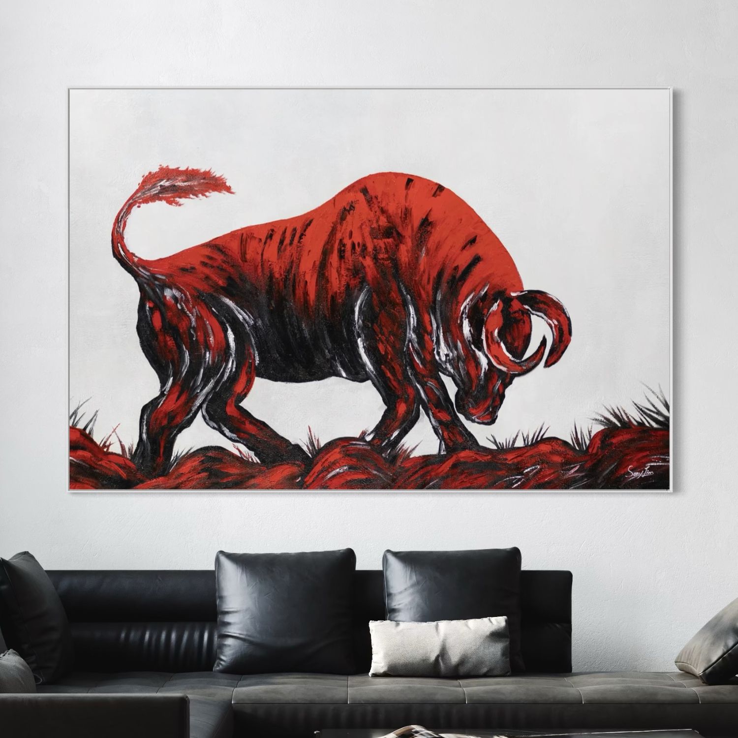 XXL-Gemälde mit Stier in Rot & Weiß kaufen | KunstLoft