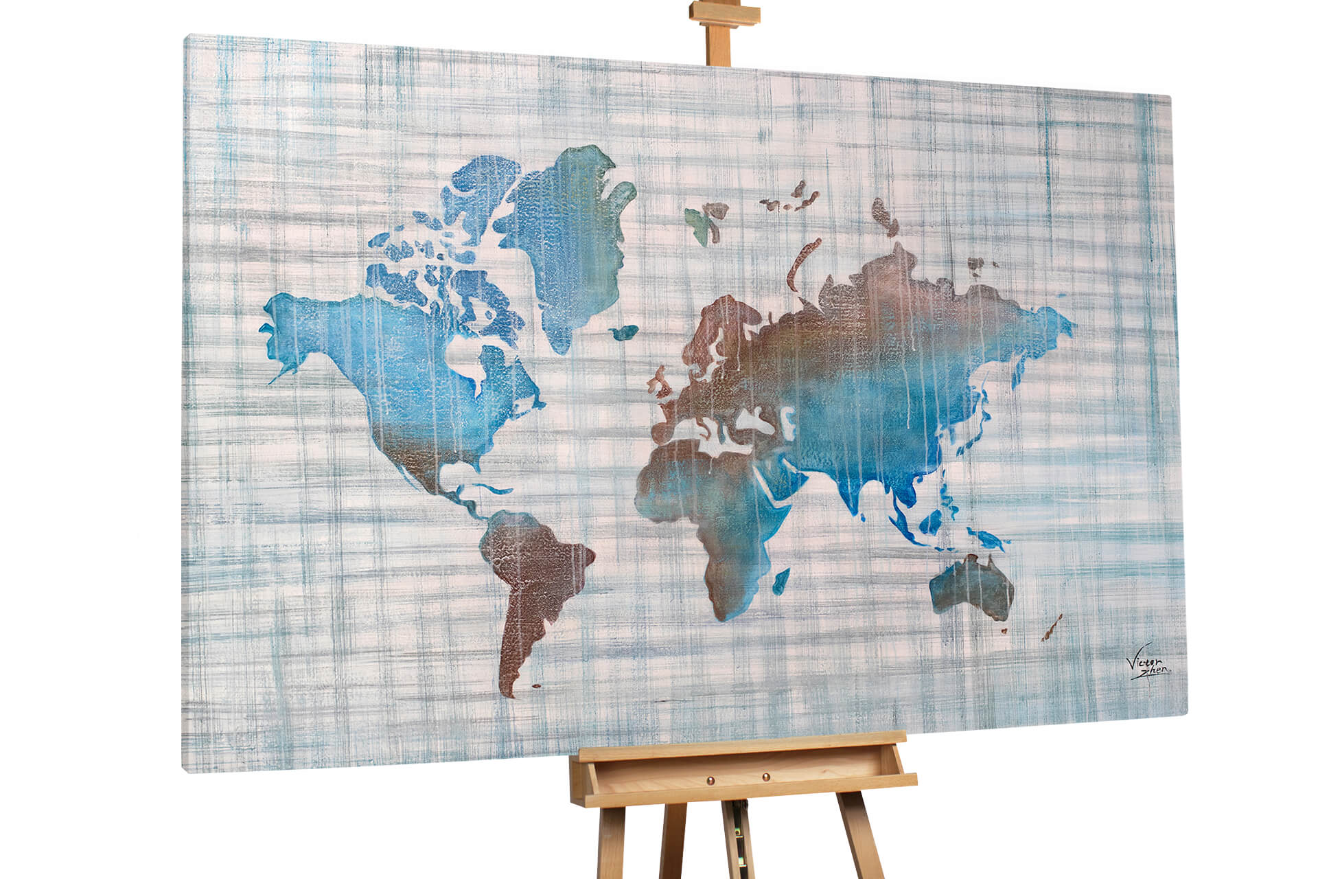 XXL oil painting world map blue grey | KUNSTLOFT