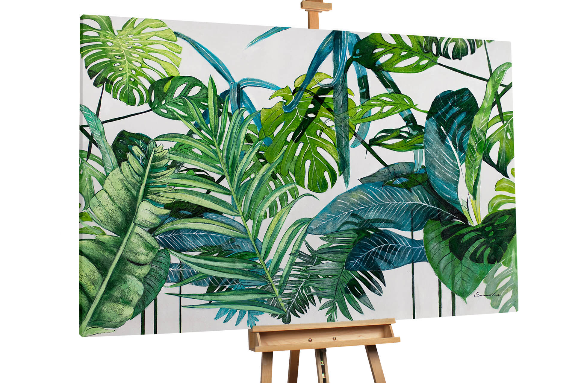 XXL oil painting leaves tropical green grey | KunstLoft